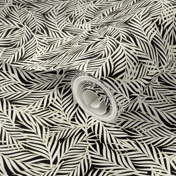 Spoonflower Black White Leaves Forest Gold Plants Summer Custom Removable Wallpaper - Black,green,gray