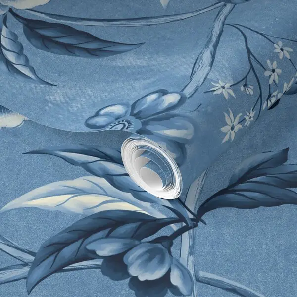 Spoonflower Victorian Floral And White Chinoiserie New Custom Pre-pasted Wallpaper - Blue
