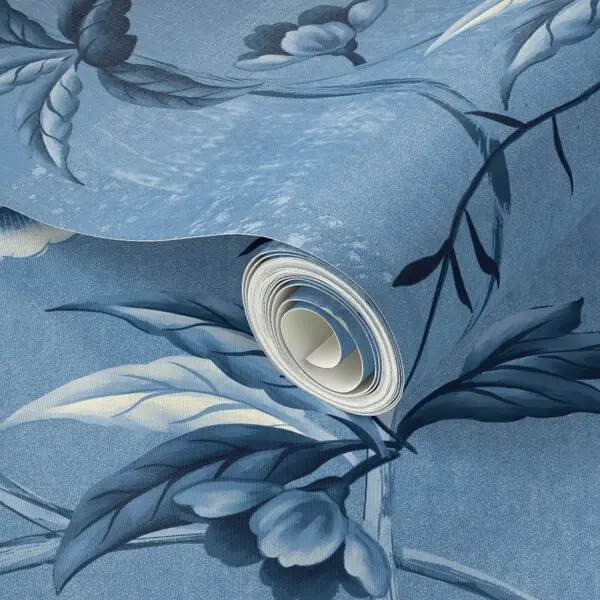 Spoonflower Victorian Floral And White Chinoiserie New Custom Pre-pasted Wallpaper - Blue
