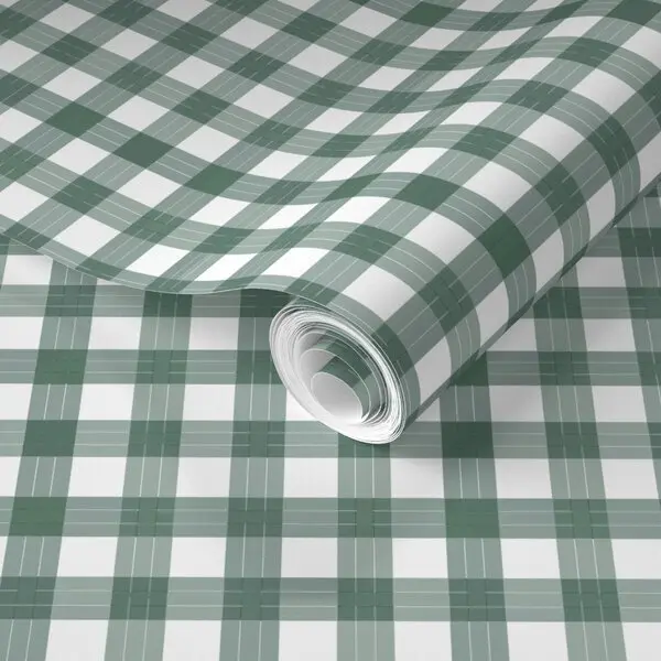 Spoonflower Plaid Country Gingham Check Large Picnic Custom Pre-pasted Wallpaper - Green
