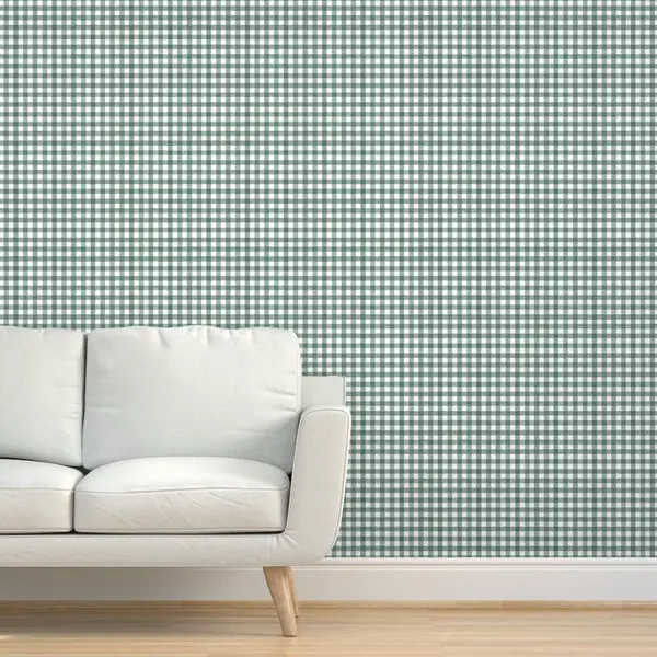 Spoonflower Plaid Country Gingham Check Large Picnic Custom Pre-pasted Wallpaper - Green