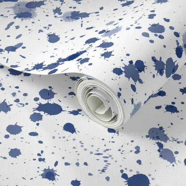 Spoonflower Splatter Paint Spots Dots Splash Navy Blue And Custom Pre-pasted Wallpaper - Blue,white,gray