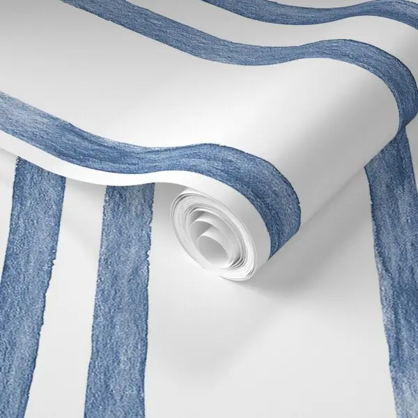 Spoonflower Coastal Stripe Vertical Stripes French White Custom Pre-pasted Wallpaper - Blue