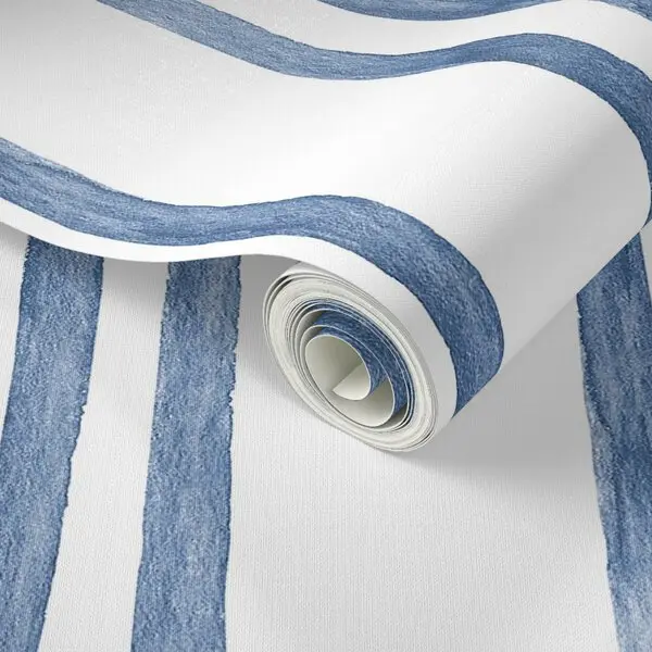 Spoonflower Coastal Stripe Vertical Stripes French White Custom Pre-pasted Wallpaper - Blue