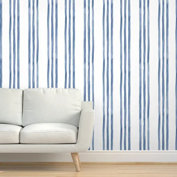 Spoonflower Coastal Stripe Vertical Stripes French White Custom Pre-pasted Wallpaper
