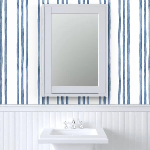 Spoonflower Coastal Stripe Vertical Stripes French White Custom Pre-pasted Wallpaper
