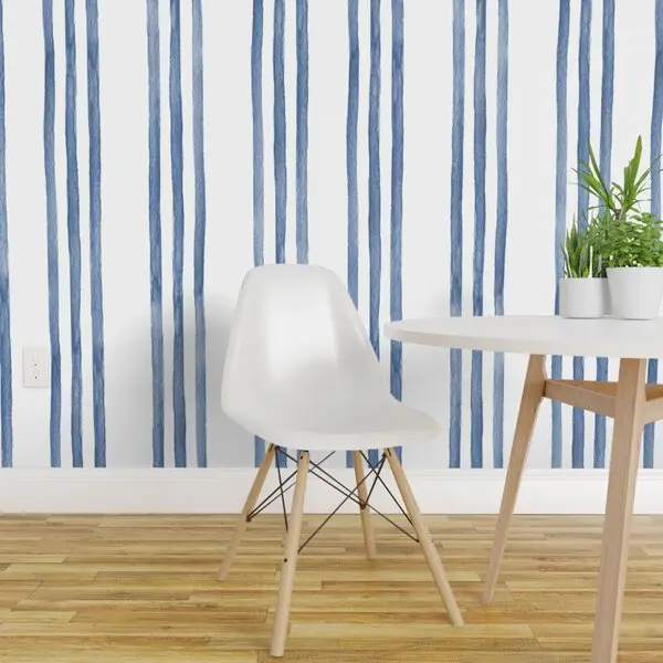 Spoonflower Coastal Stripe Vertical Stripes French White Custom Pre-pasted Wallpaper