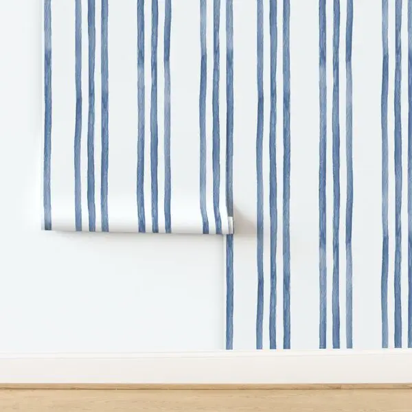 Spoonflower Coastal Stripe Vertical Stripes French White Custom Pre-pasted Wallpaper