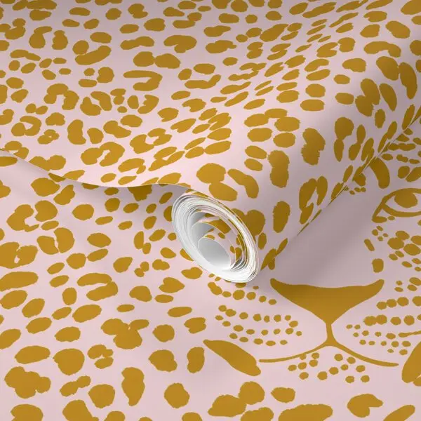 Spoonflower Leopard Mustard Yellow Jumbo Animal Print Custom Pre-pasted Wallpaper - Pink