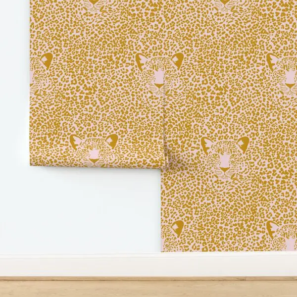 Spoonflower Leopard Mustard Yellow Jumbo Animal Print Custom Pre-pasted Wallpaper - Pink