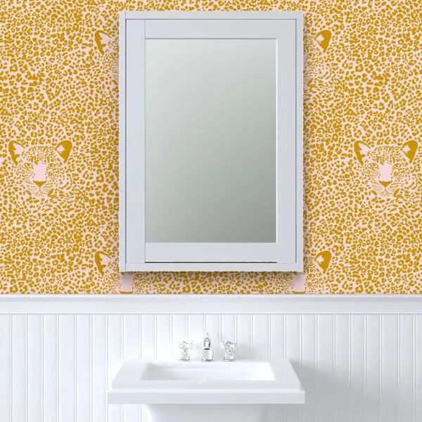 Spoonflower Leopard Mustard Yellow Jumbo Animal Print Custom Pre-pasted Wallpaper - Pink