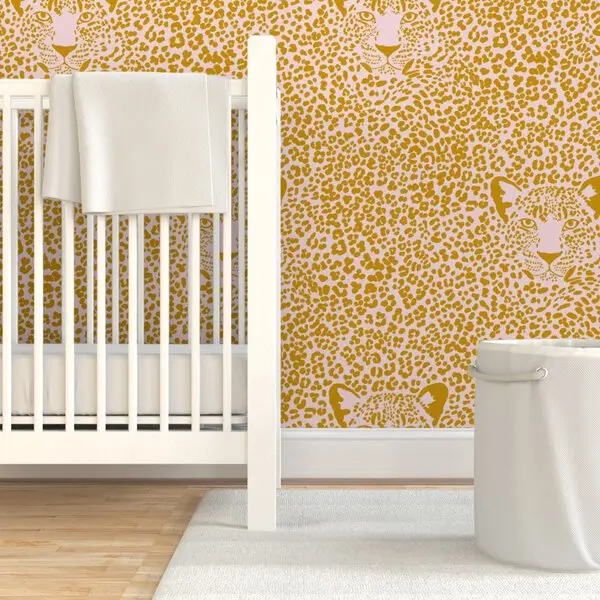 Spoonflower Leopard Mustard Yellow Jumbo Animal Print Custom Pre-pasted Wallpaper - Pink