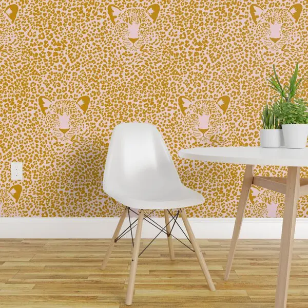 Spoonflower Leopard Mustard Yellow Jumbo Animal Print Custom Pre-pasted Wallpaper - Pink