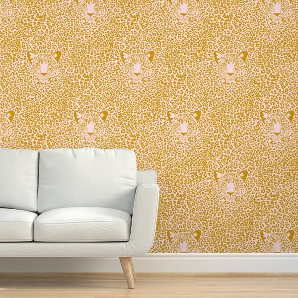 Spoonflower Leopard Mustard Yellow Jumbo Animal Print Custom Pre-pasted Wallpaper - Pink