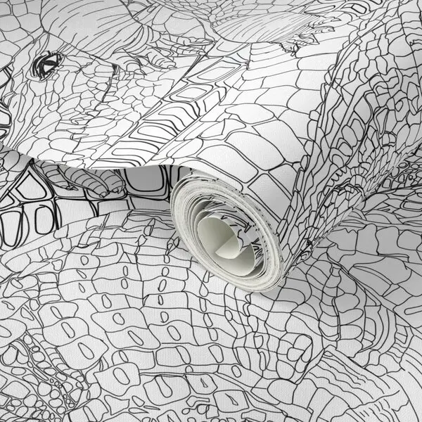 Spoonflower Black White Scales Crocodile Reptile Drawing Custom Pre-pasted Wallpaper - Black,white