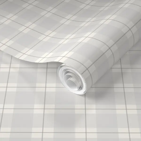 Spoonflower Grey Tartan Farmhouse Neutral Coastal Plaid Custom Pre-pasted Wallpaper - Gray