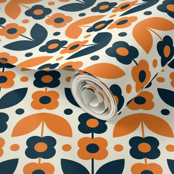 Spoonflower Floral Retro Modern Polka Daisy Midcentury Custom Pre-pasted Wallpaper - Orange