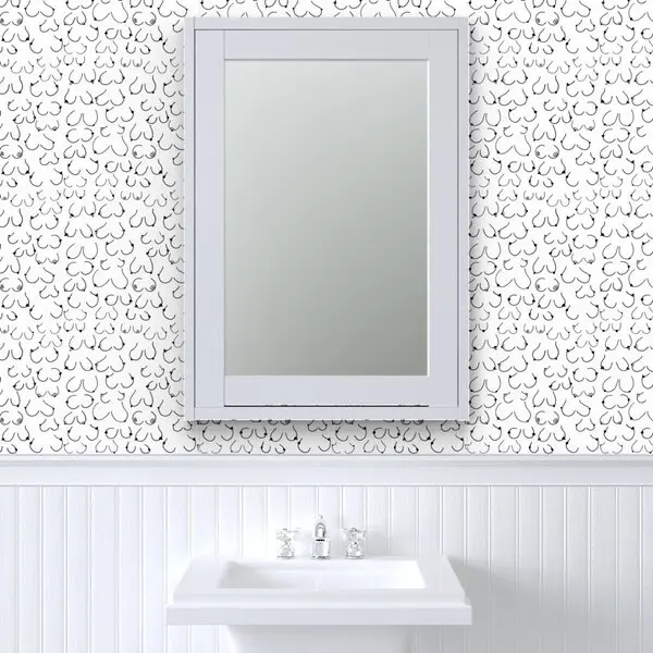 Spoonflower White Boobs Breasts Breast Cancer Awareness Custom Pre-pasted Wallpaper - Black,white,gray