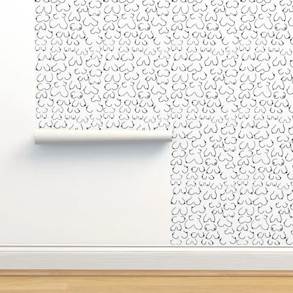 Spoonflower White Boobs Breasts Breast Cancer Awareness Custom Pre-pasted Wallpaper - Black,white,gray