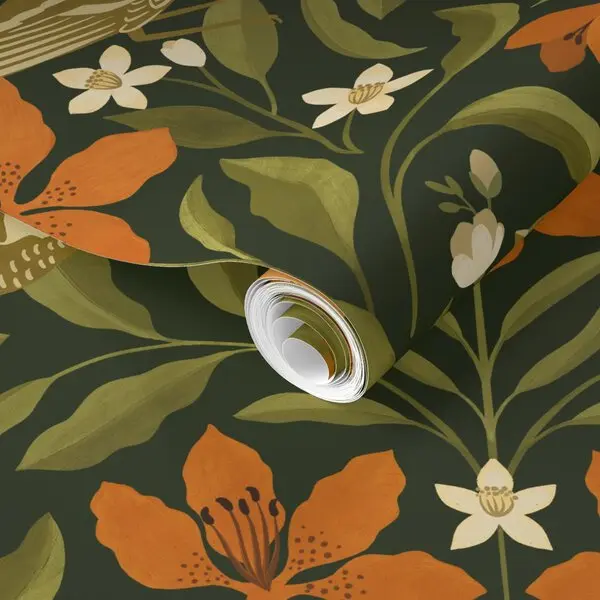 Spoonflower Jumbo Floral Green Leaves Lily Flowers Custom Pre-pasted Wallpaper - Orange