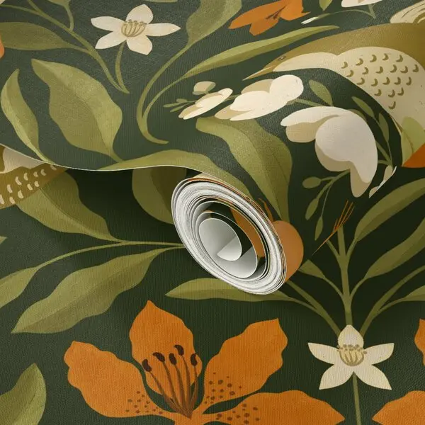 Spoonflower Jumbo Floral Green Leaves Lily Flowers Custom Pre-pasted Wallpaper - Orange