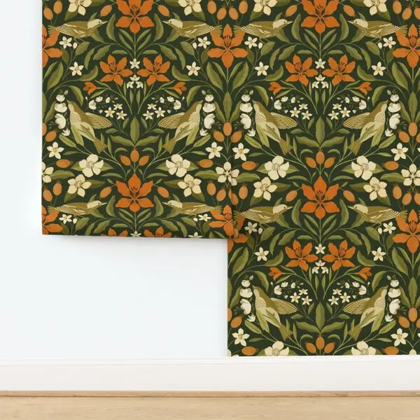 Spoonflower Jumbo Floral Green Leaves Lily Flowers Custom Pre-pasted Wallpaper - Orange