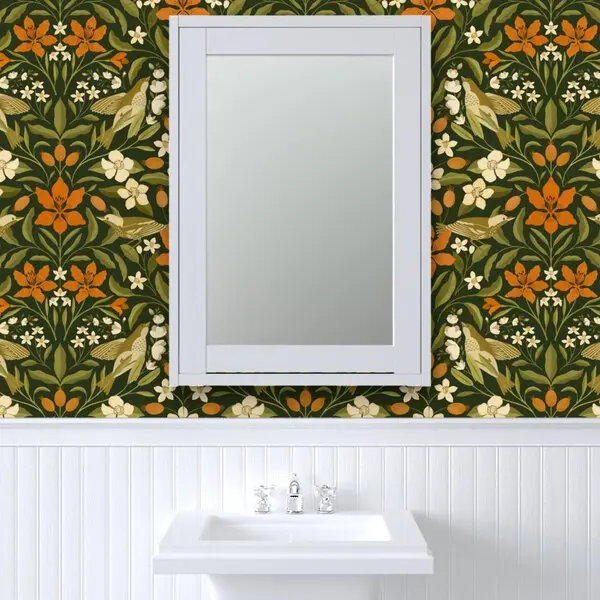 Spoonflower Jumbo Floral Green Leaves Lily Flowers Custom Pre-pasted Wallpaper - Orange