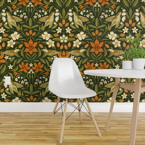 Spoonflower Jumbo Floral Green Leaves Lily Flowers Custom Pre-pasted Wallpaper - Orange