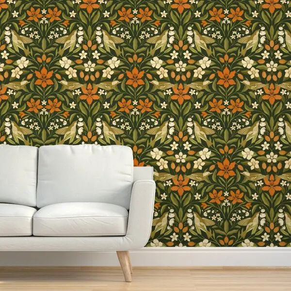 Spoonflower Jumbo Floral Green Leaves Lily Flowers Custom Pre-pasted Wallpaper - Orange