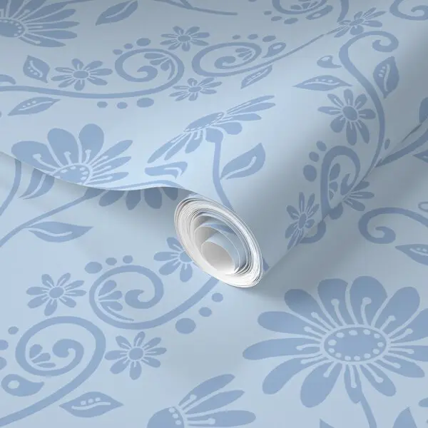 Spoonflower Daisy Boho Style Damask Victorian Floral Custom Pre-pasted Wallpaper - Blue