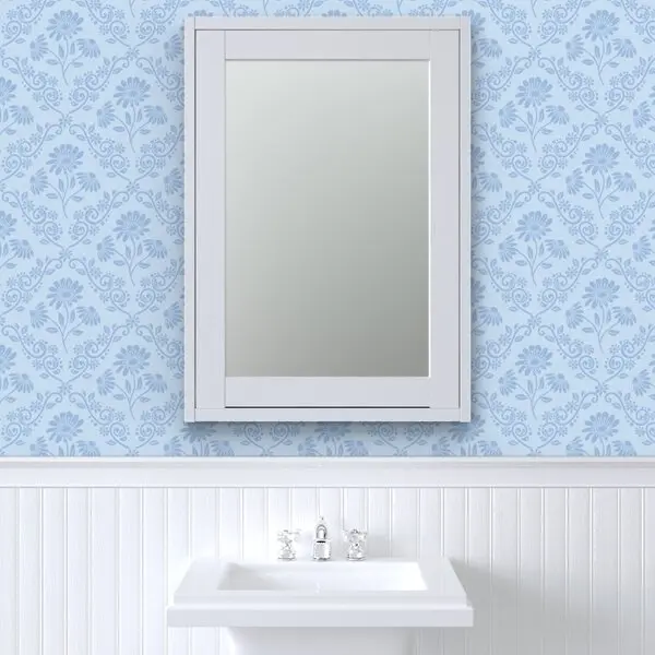 Spoonflower Daisy Boho Style Damask Victorian Floral Custom Pre-pasted Wallpaper - Blue