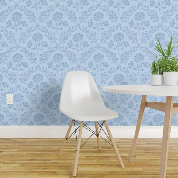 Spoonflower Daisy Boho Style Damask Victorian Floral Custom Pre-pasted Wallpaper - Blue