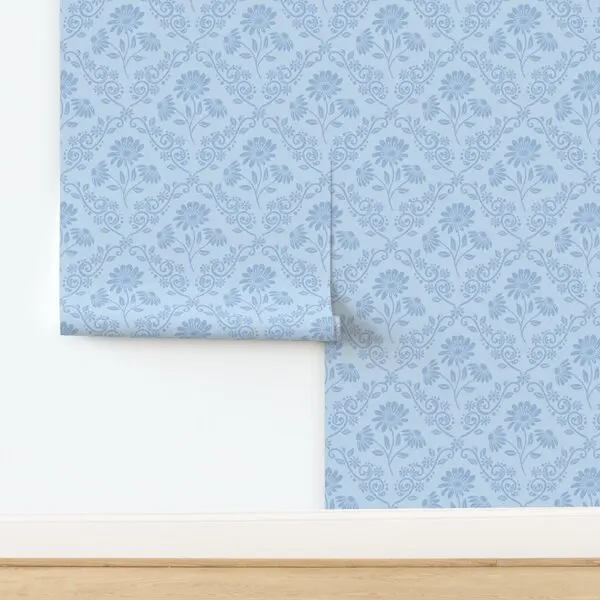 Spoonflower Daisy Boho Style Damask Victorian Floral Custom Pre-pasted Wallpaper - Blue