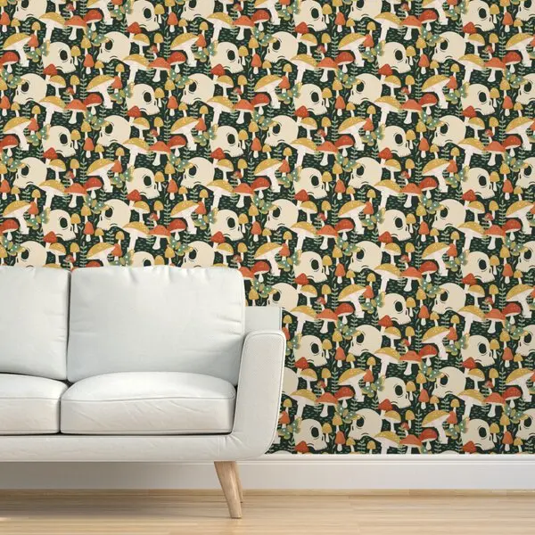 Spoonflower Yellow Butterfly Woodland Gothic Skulls Moth Custom Pre-pasted Wallpaper - Red