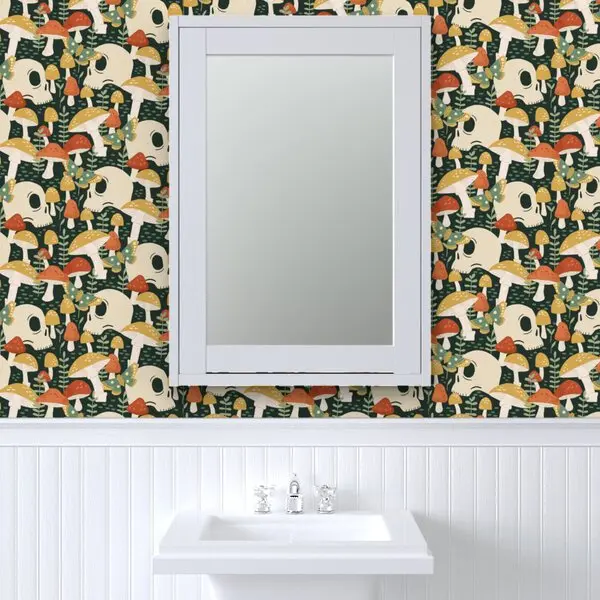 Spoonflower Yellow Butterfly Woodland Gothic Skulls Moth Custom Pre-pasted Wallpaper - Red