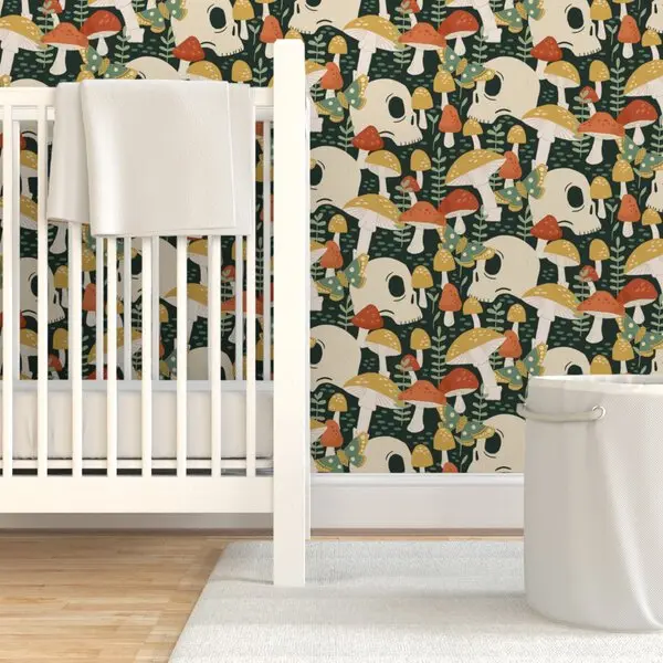 Spoonflower Yellow Butterfly Woodland Gothic Skulls Moth Custom Pre-pasted Wallpaper - Red