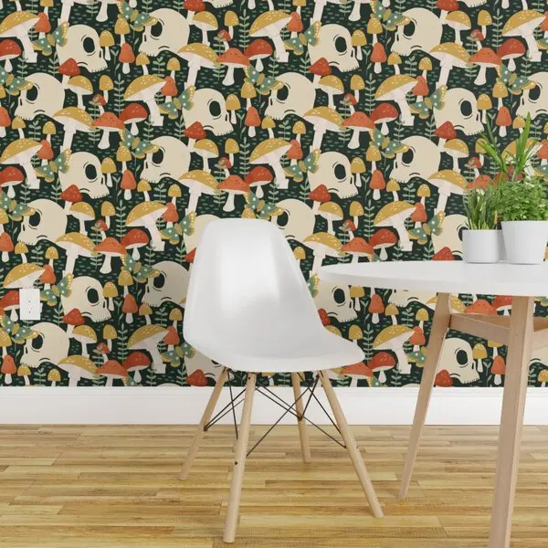 Spoonflower Yellow Butterfly Woodland Gothic Skulls Moth Custom Pre-pasted Wallpaper - Red