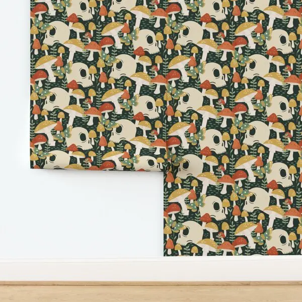 Spoonflower Yellow Butterfly Woodland Gothic Skulls Moth Custom Pre-pasted Wallpaper - Red
