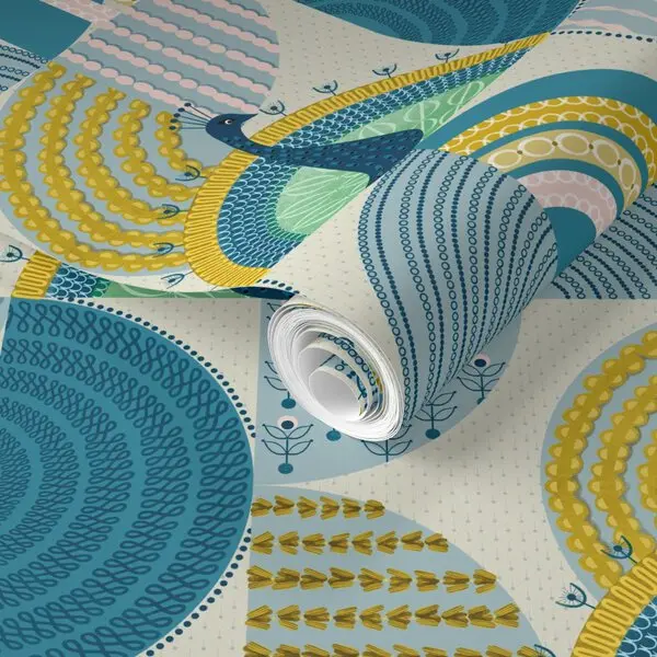 Spoonflower Geometric Peacock Lagoon Midcentury Custom Pre-pasted Wallpaper - Blue