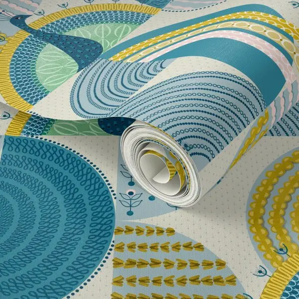 Spoonflower Geometric Peacock Lagoon Midcentury Custom Pre-pasted Wallpaper