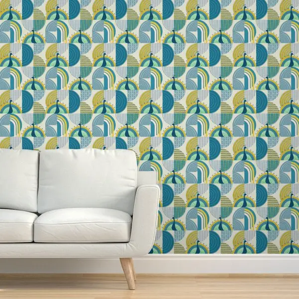 Spoonflower Geometric Peacock Lagoon Midcentury Custom Pre-pasted Wallpaper