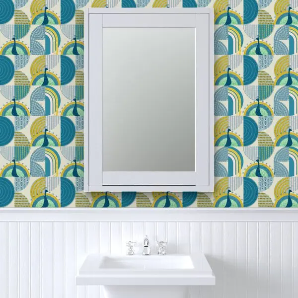 Spoonflower Geometric Peacock Lagoon Midcentury Custom Pre-pasted Wallpaper