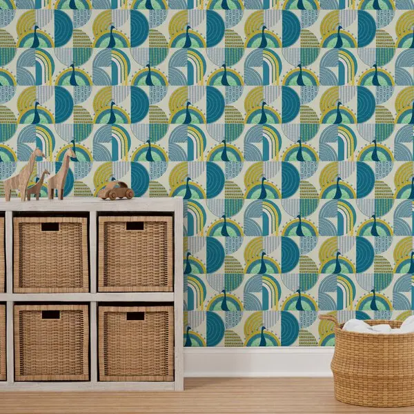 Spoonflower Geometric Peacock Lagoon Midcentury Custom Pre-pasted Wallpaper