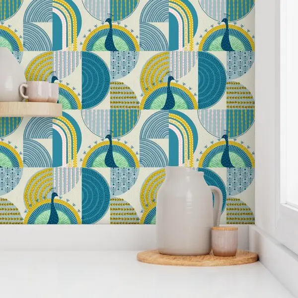 Spoonflower Geometric Peacock Lagoon Midcentury Custom Pre-pasted Wallpaper