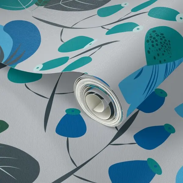 Spoonflower Floral Botanical Daisy Meadow Spring Summer Custom Pre-pasted Wallpaper - Blue