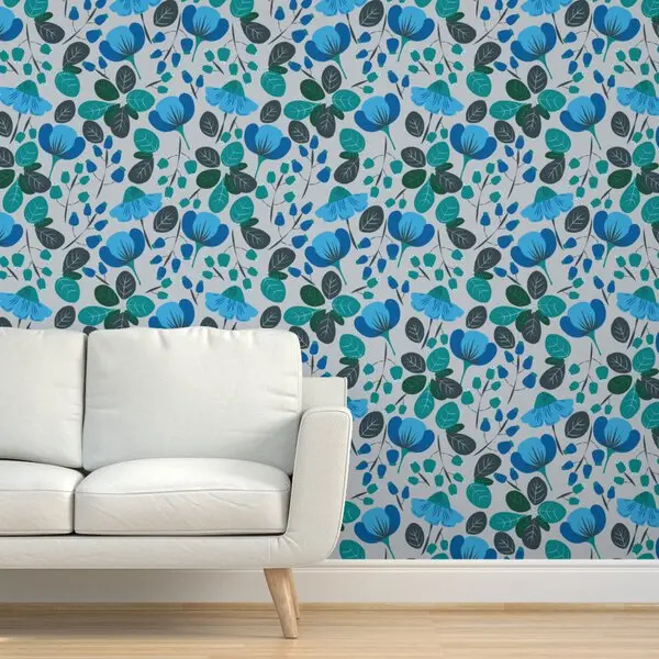Spoonflower Floral Botanical Daisy Meadow Spring Summer Custom Pre-pasted Wallpaper - Blue