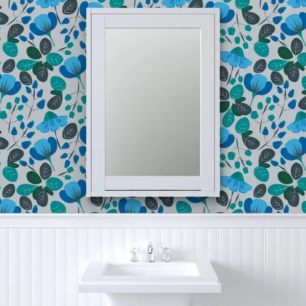 Spoonflower Floral Botanical Daisy Meadow Spring Summer Custom Pre-pasted Wallpaper - Blue