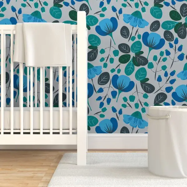 Spoonflower Floral Botanical Daisy Meadow Spring Summer Custom Pre-pasted Wallpaper - Blue