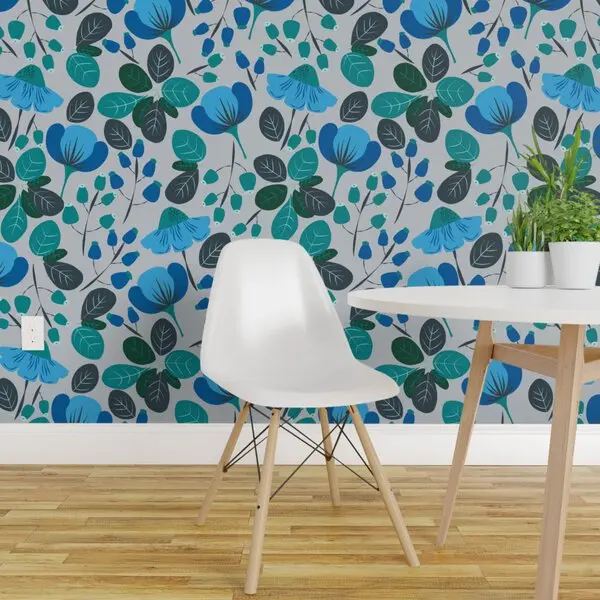 Spoonflower Floral Botanical Daisy Meadow Spring Summer Custom Pre-pasted Wallpaper - Blue