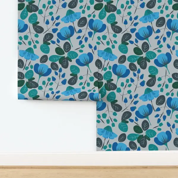 Spoonflower Floral Botanical Daisy Meadow Spring Summer Custom Pre-pasted Wallpaper - Blue